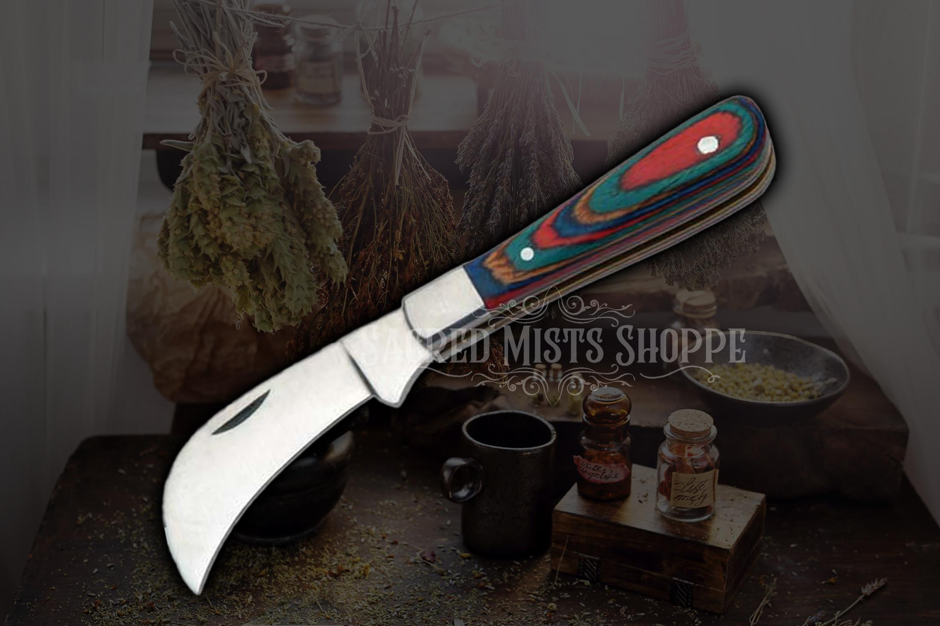 Curved Folding Boline Ritual Knife with Natural Bone Handle | Sacred ...