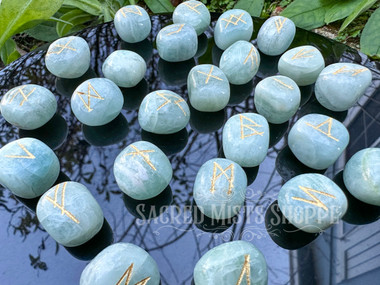 Aquamarine Gemstone Elder Futhark Rune Set Hand Carved for Divination ...