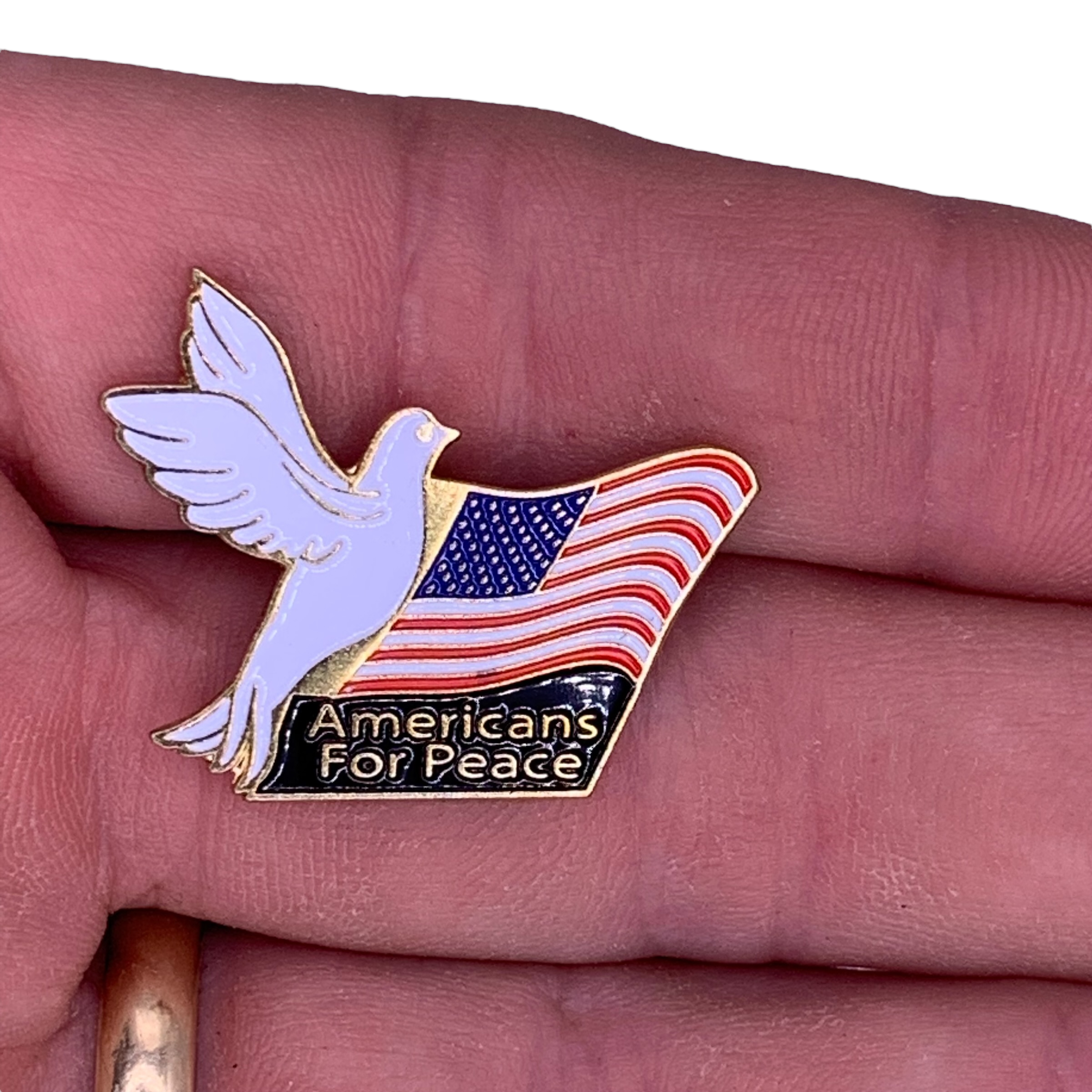 White Dove with American Flag and Americans for Peace Pin