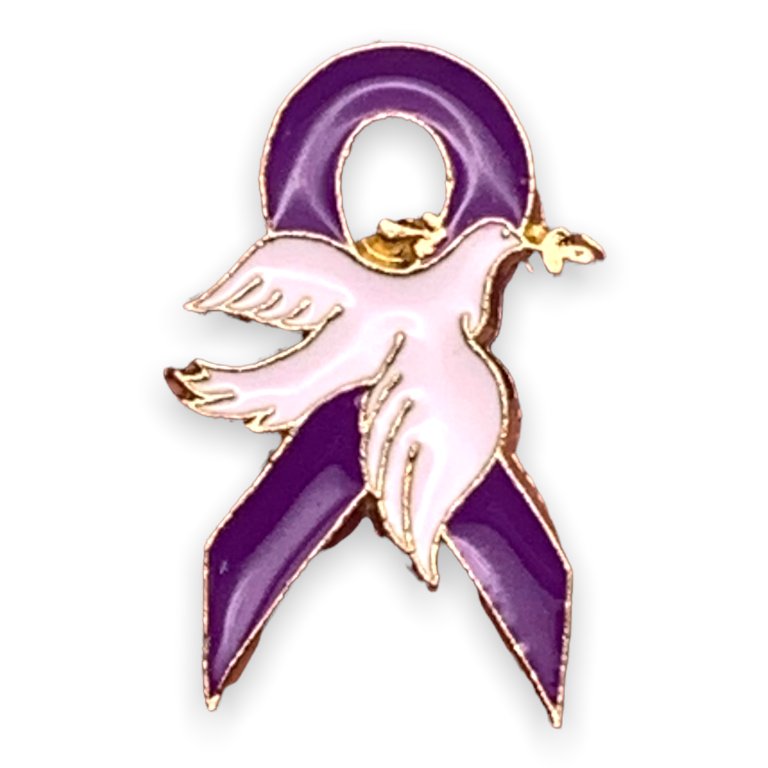 Purple ribbon lapel pin with white dove | StockPins.com