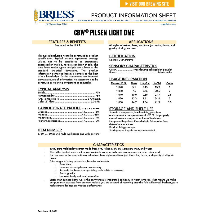Briess Pilsen Light Dry Malt Extract 3 Lb