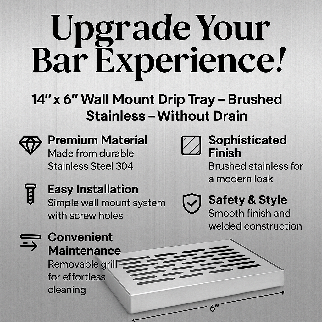 14" x 6" Wall Mount Drip Tray - Brushed Stainless - Without Drain
