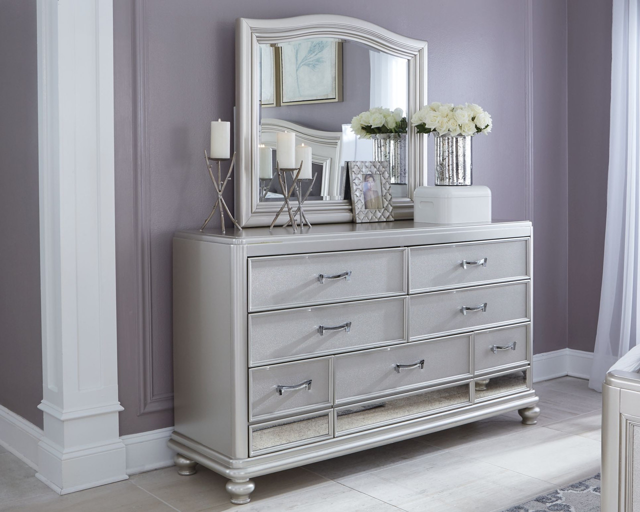 The Coralayne Blue 6 Pc. Dresser Mirror King Panel Bed 2 Nightstands sold at Hilton Furniture serving Houston TX ands surrounding areas