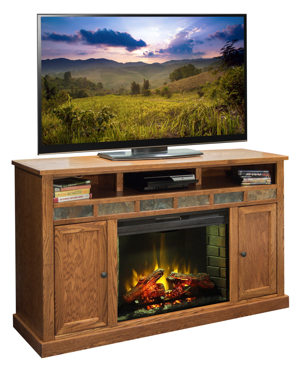 Golden oak tv stand with fireplace store