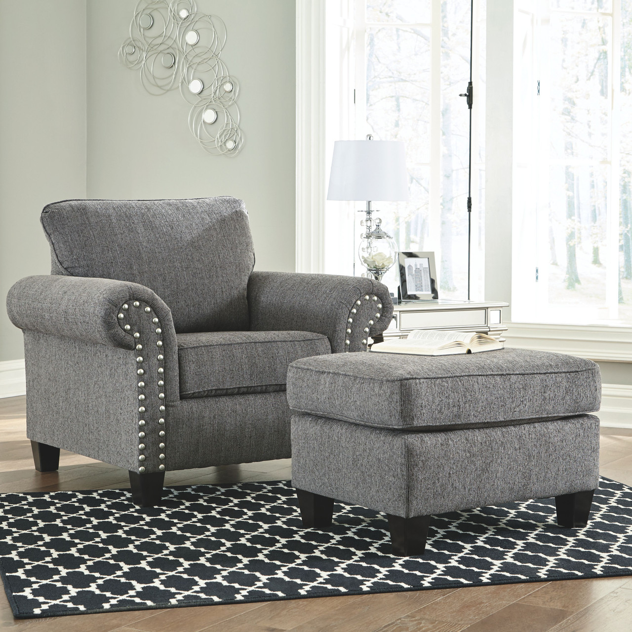 Agleno Charcoal Chair with Ottoman Hilton Furniture Mattress