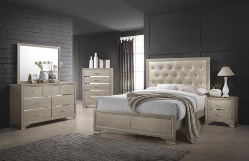The Beaumont King 4 Piece Set Bed Nightstand Dresser Mirror Beige sold at Hilton Furniture serving Houston TX and surrounding areas