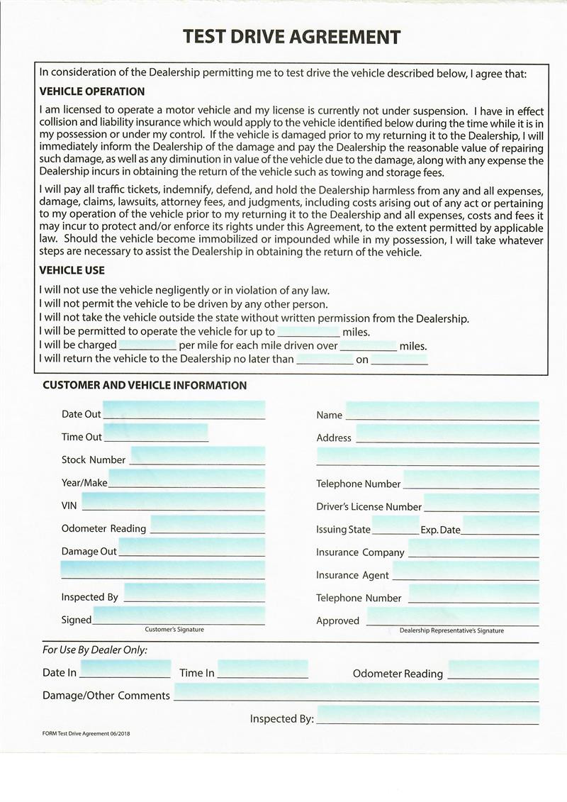 Custom Test Drive Agreement Forms (250Ct) | Car Dealer Depot