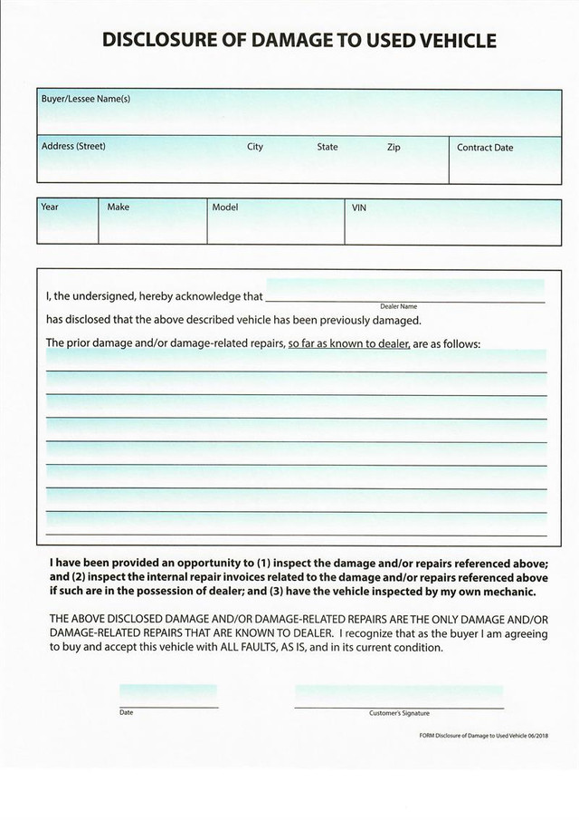 Get Custom Damage Disclosure Forms | Car Dealer Depot