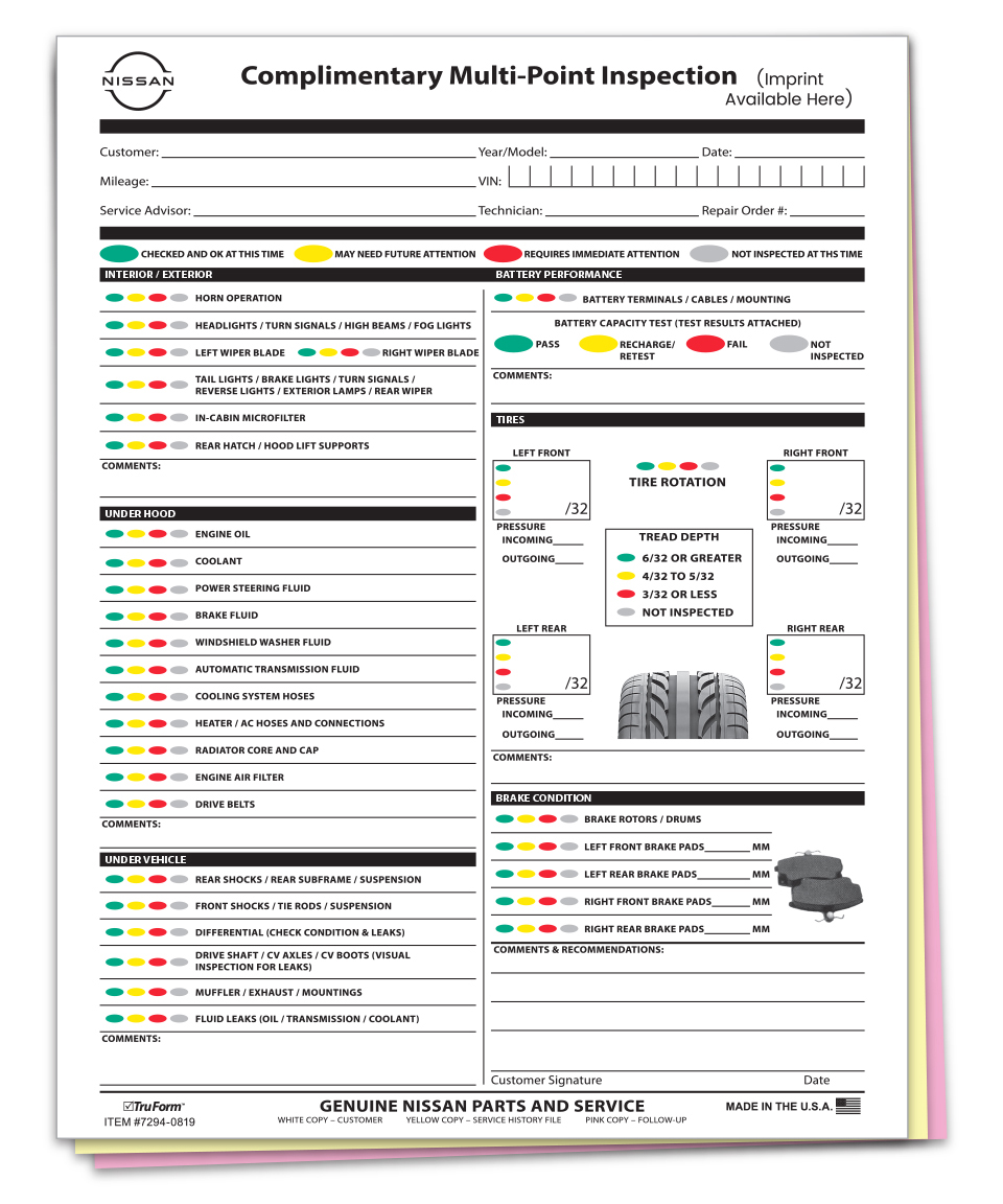 Automotive Service Products 7294-0819-IMP Nissan Inspection Form