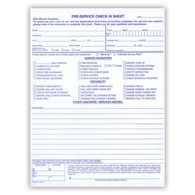 Automotive Service Products 7280 Pre-Service Check In, 8 1/2" x 11", 50 ...