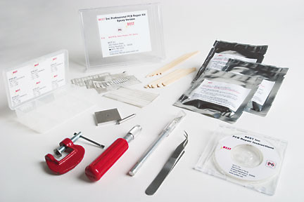 PCB repair kit featuring dry film for the adhesion of replacement pads ...