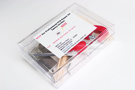 PCB repair kit featuring dry film for the adhesion of replacement pads ...