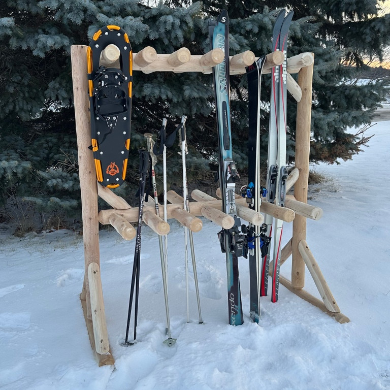 Rustic White Cedar Free Standing Log Ski/Snowboard Rack