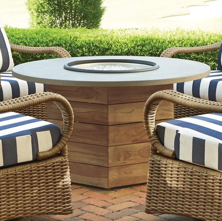 Lloyd Flanders Teak 48" Hexagonal Fire Table w/ Faux Concrete Top