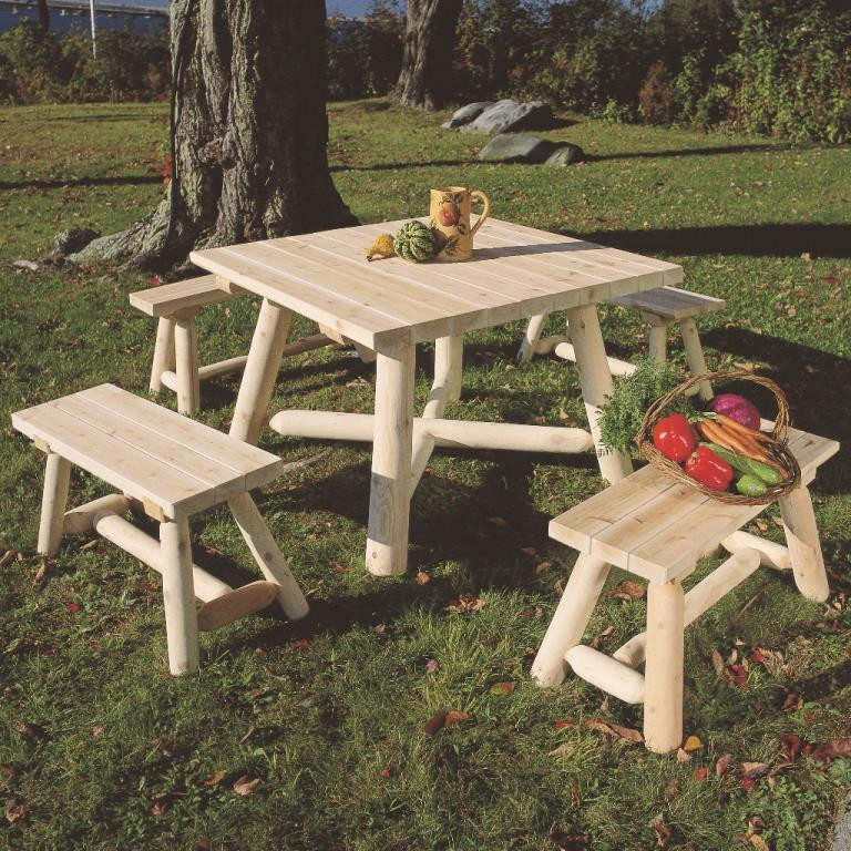 42" Square Dining Table with Bench Seats | Log Dining Table Set