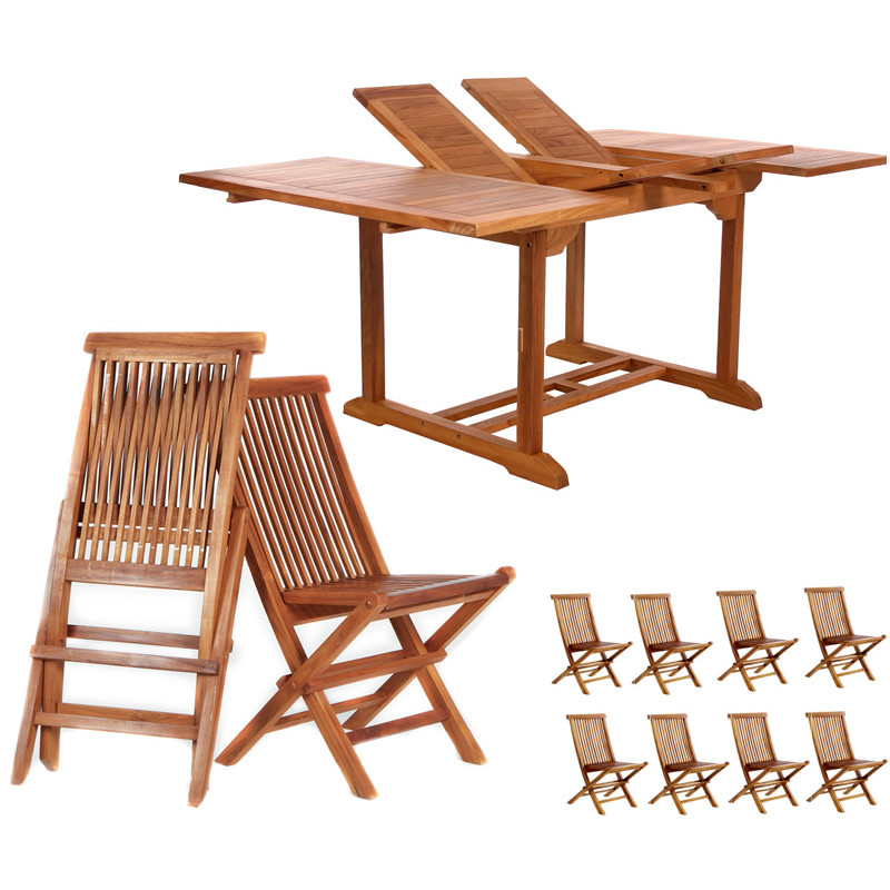 Java Teak 9-Piece Extension Table and Folding Chair Set