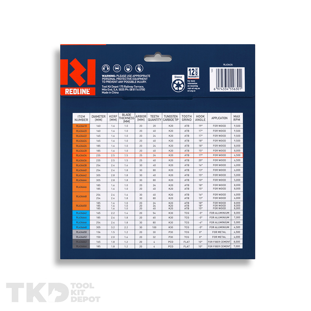 Redline Saw Blade Wood TCT 24T 235mm - RL434434 - Tool Kit Depot