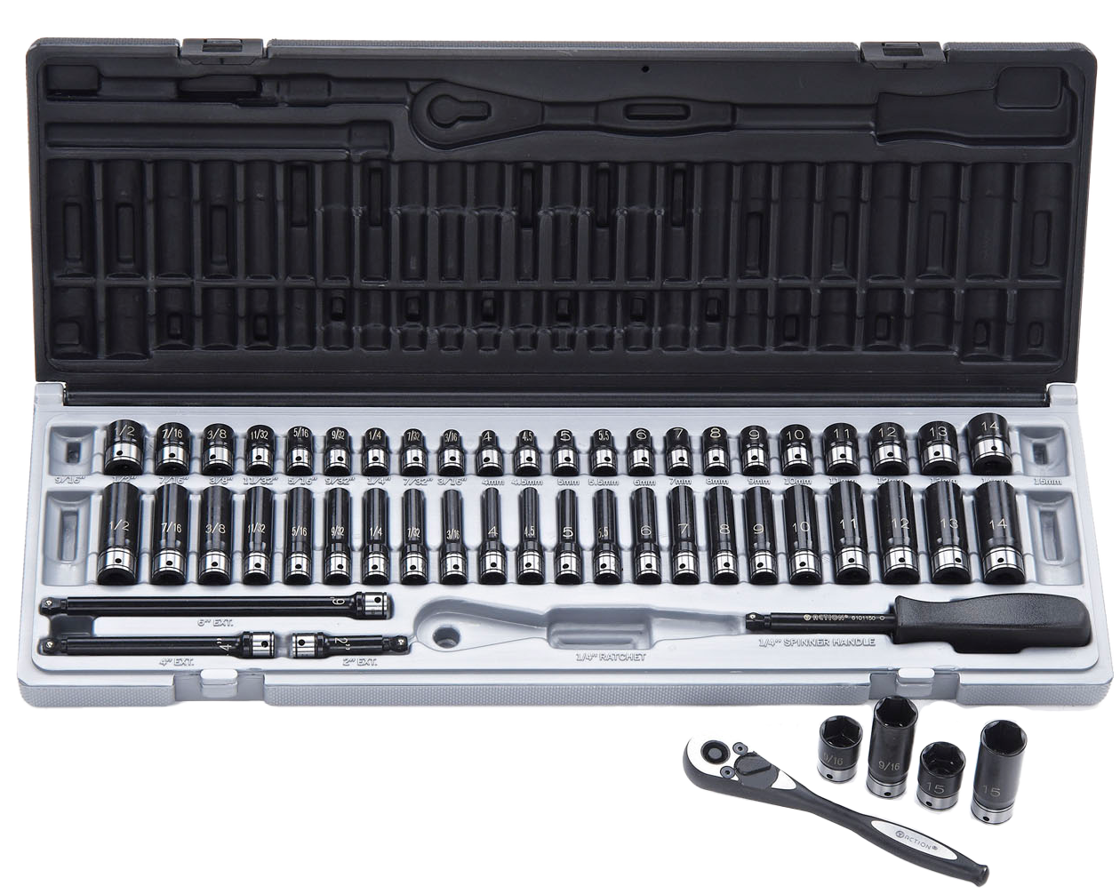 Dual Action Thin all Impact Socket Set 1/4'' Metric/Imp 53 Piece ...