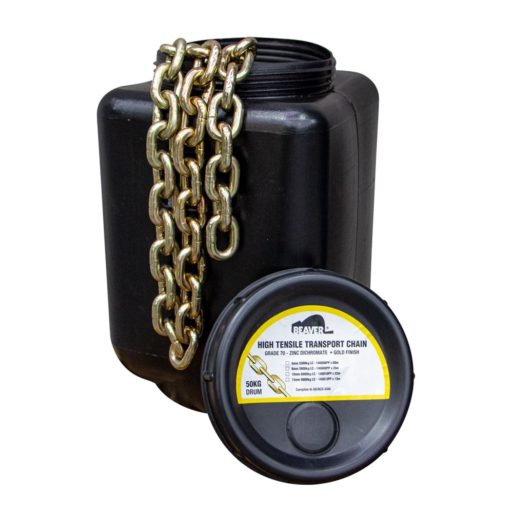 Beaver Chain Transport Grade 70 GOLD 10mm 50kg . Each Pail Pack x 22M- 145010PP - Tool Kit Depot