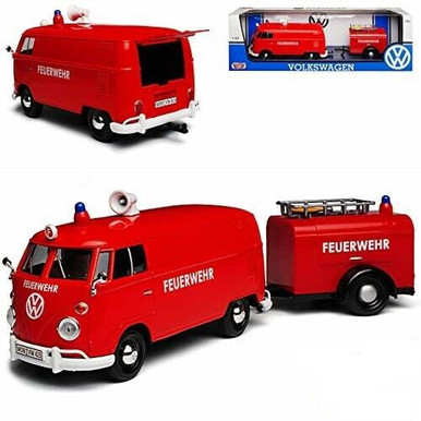 Motormax Volkswagen VW T2 Feuerwehr fire van with trailer 1:24 ...