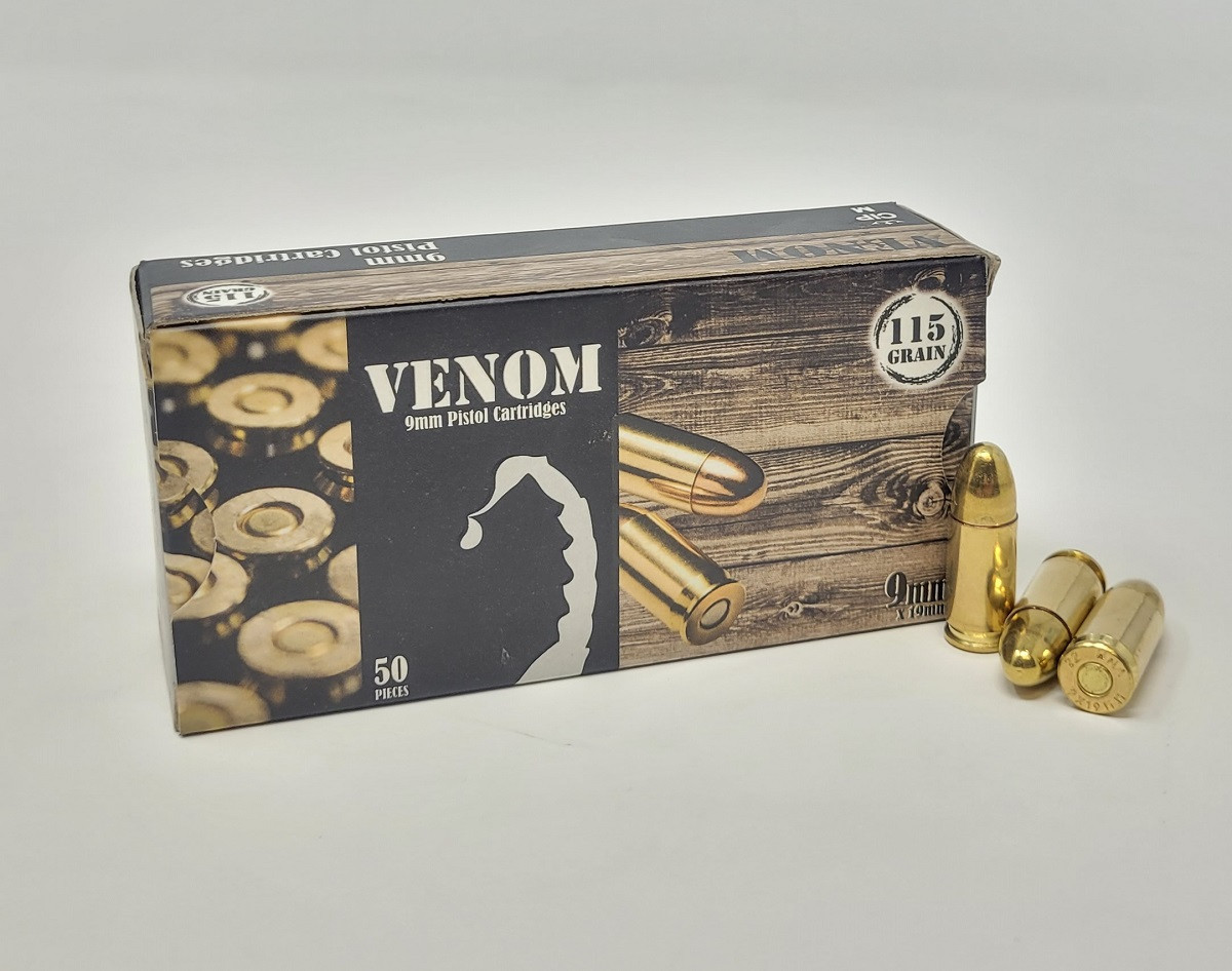 Venom 9mm Luger Ammunition 220470050 115 Grain Full Metal Jacket 50 Rounds