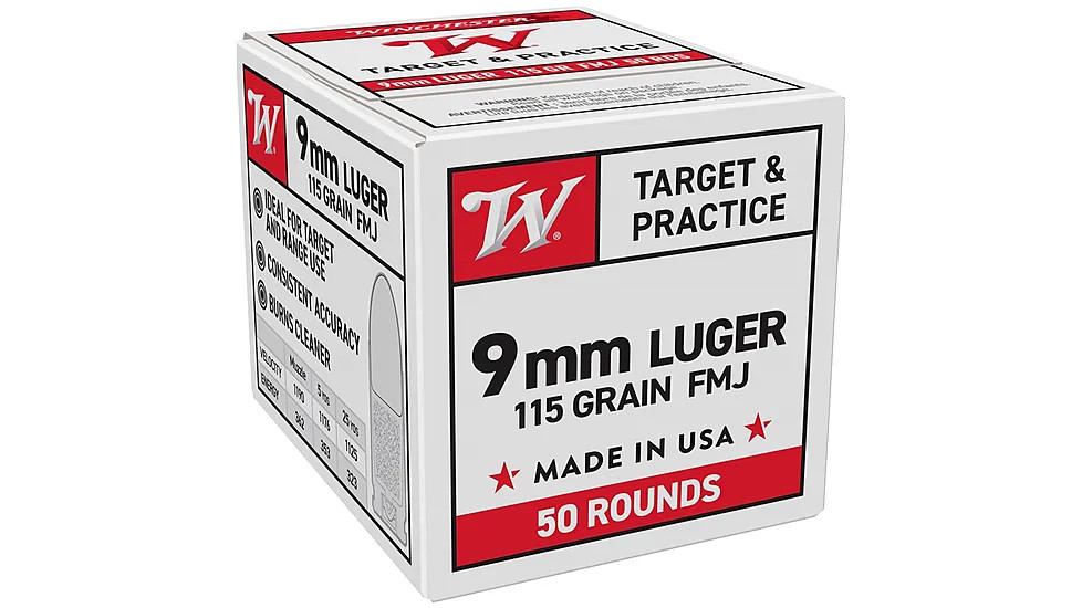 Winchester 9mm Ammunition Target & Practice W9MM50 115 Grain Full Metal ...