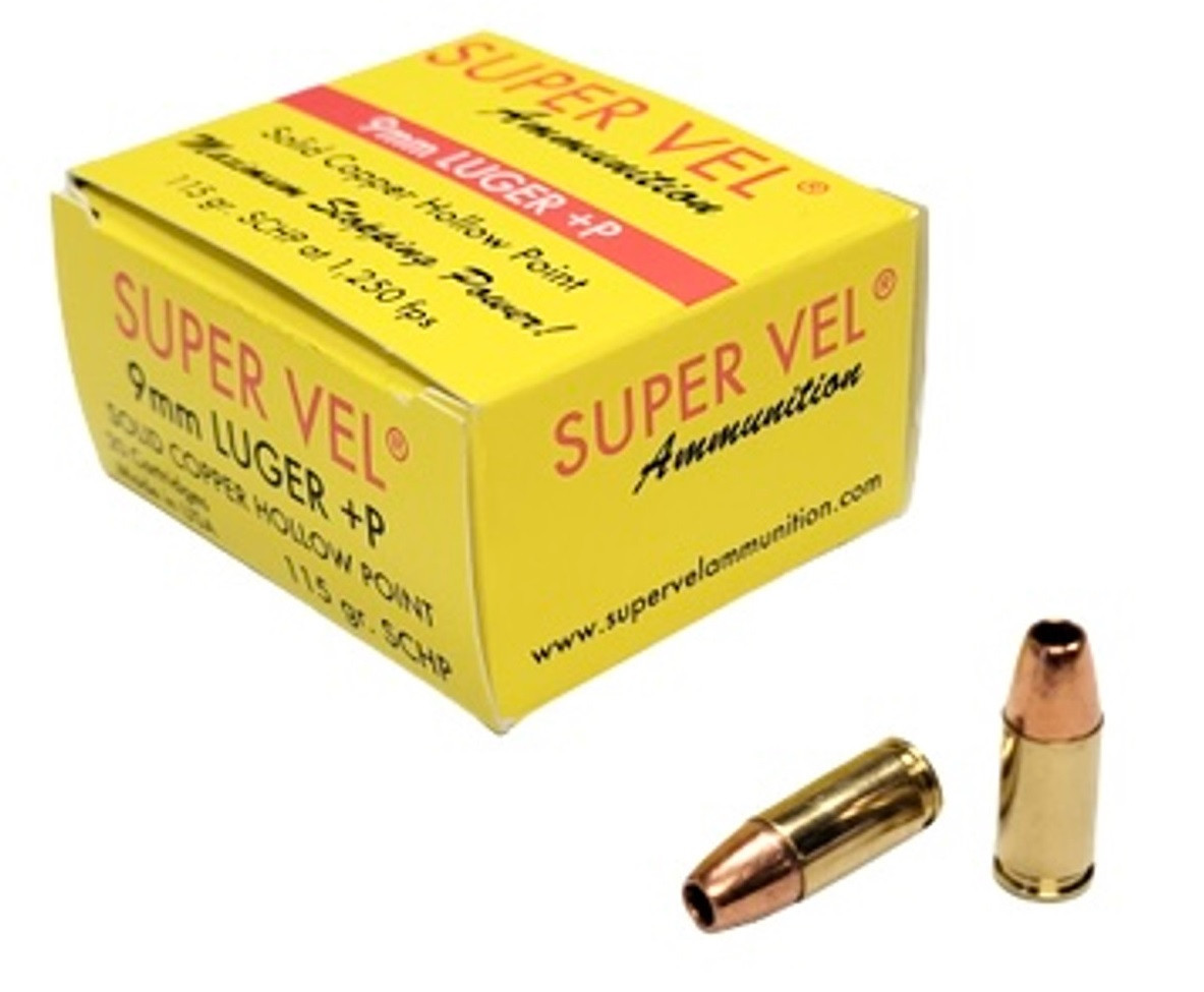 Super Vel 9mm +P Ammunition SVEL9SCHP20 115 Grain Solid Copper Hollow ...