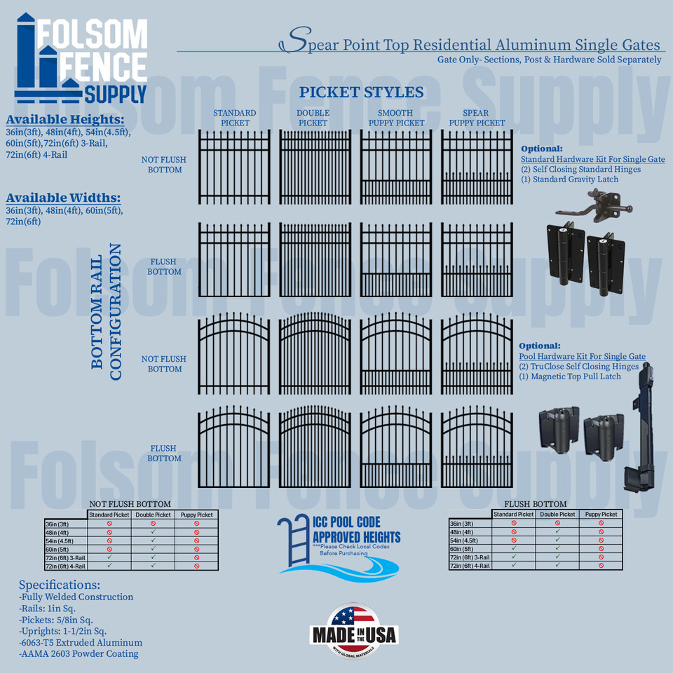 Spear Point Top Aluminum Single Gates for Decorative Fencing
