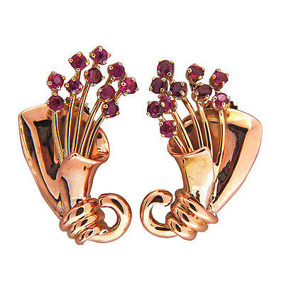 Vintage Retro Deco 14k Pink Gold Red Ruby 1.00ct Flower Pierced Post ...