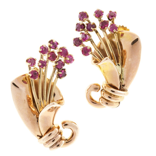 Vintage Retro Deco 14k Pink Gold Red Ruby 1.00ct Flower Pierced Post ...