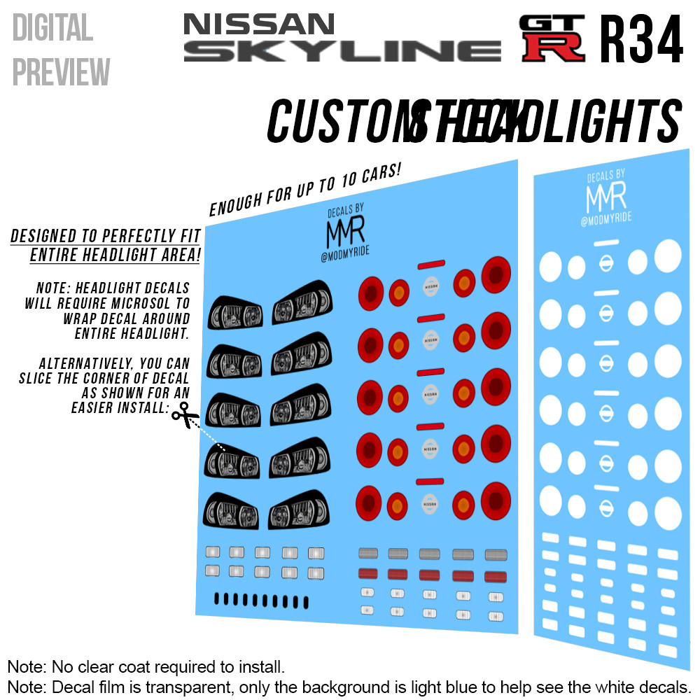 NISSAN GTR R34 / R35 Headlight Taillight Waterslide Decals - Mod My Ride