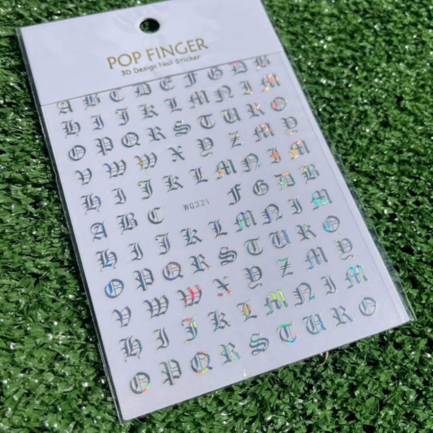 Old English Letter Stickers - Silver Holo - Nail Art Supplies