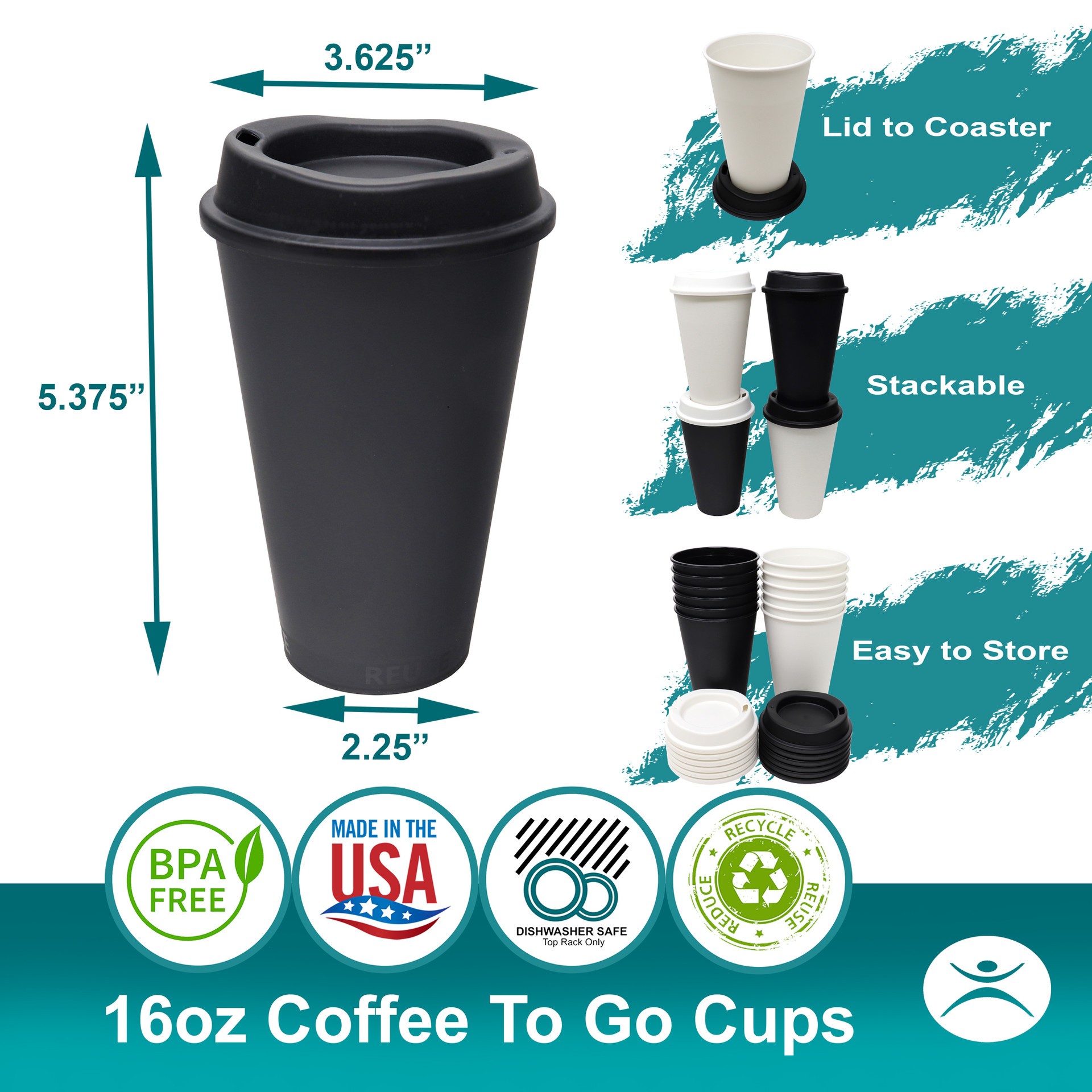 Reusable Coffee To Go Cup with Lid | 16oz Travel Cup, Made in USA, BPA ...