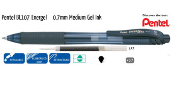 Pentel Energel BL107 Retractable Gel pens 0.7mm - 1 Dozen BLACK