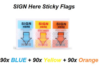SIGN Here Sticky Flags - 90x BLUE + 90x YELLOW + 90x ORANGE