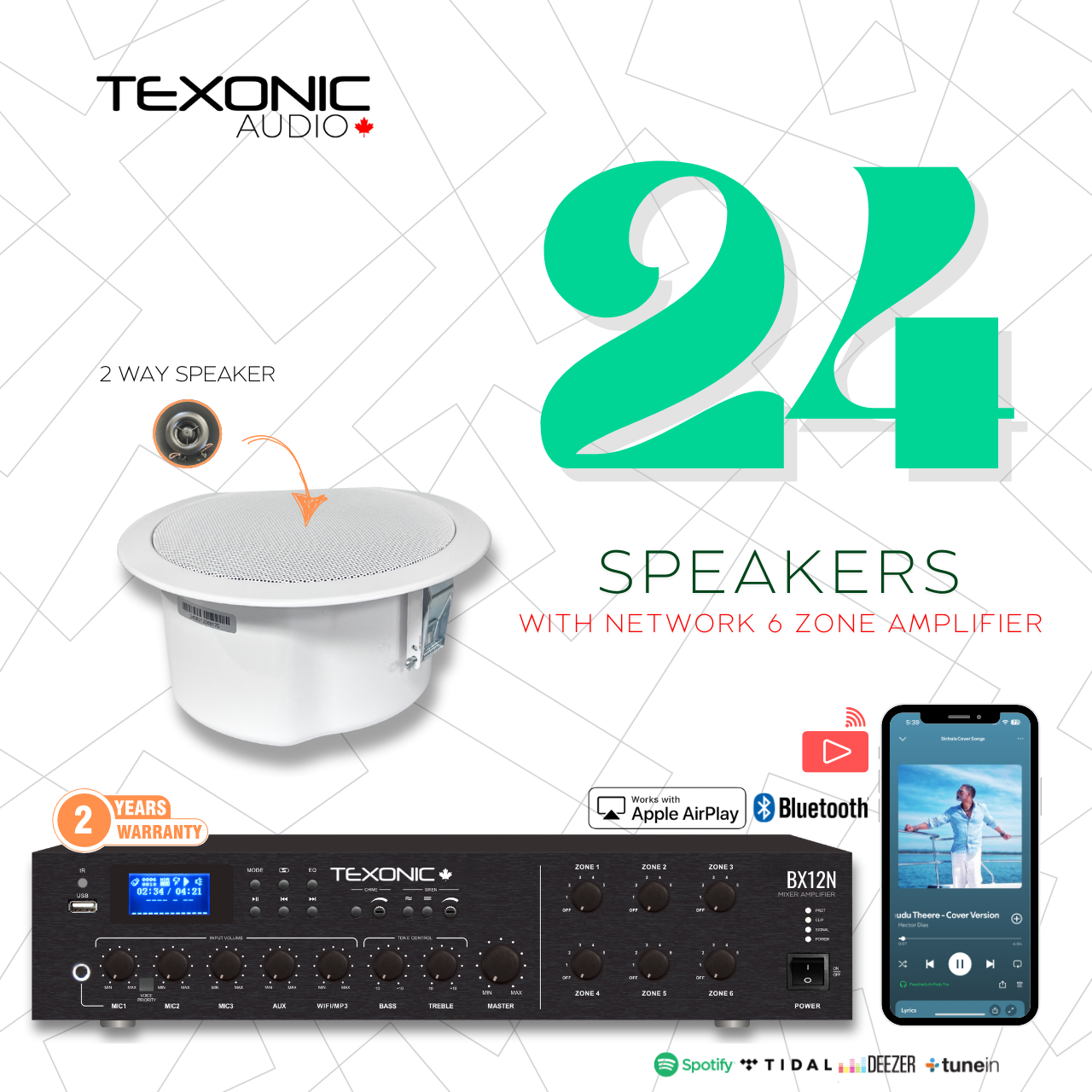 120W 6-Zone Amplifier with 24 Ceiling Speakers Bundle