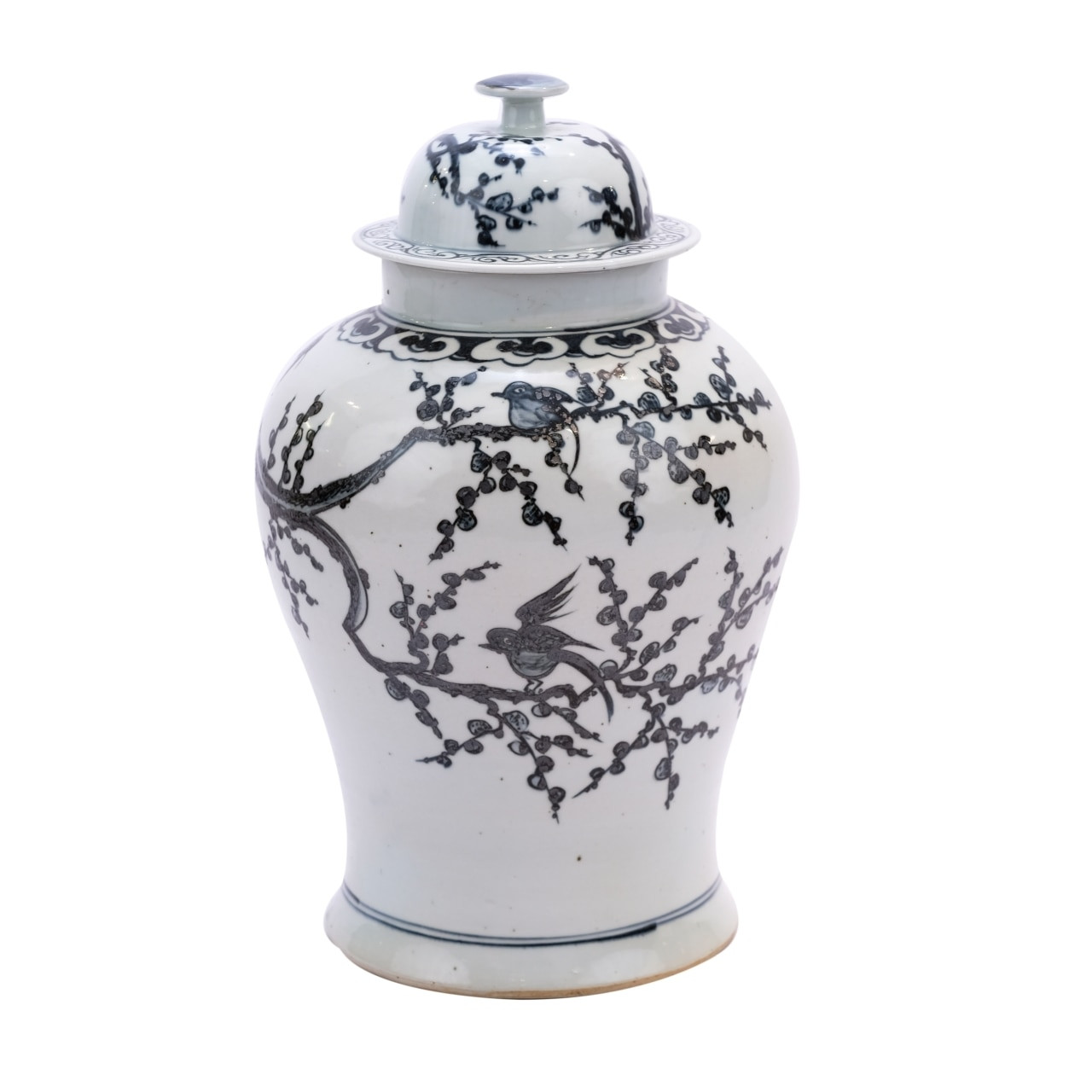 Indigo Porcelain Magpie On Plum Treetop Temple Jar - Legend Accents
