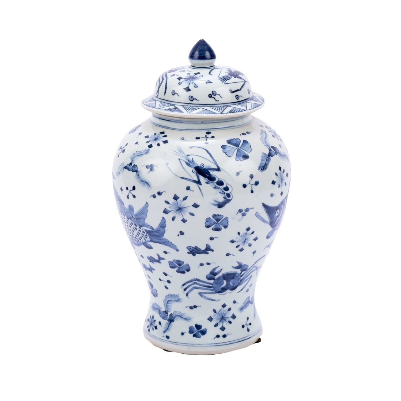 Blue & White Porcelain Fish Shrimp & Crab Ginger Jar - Legend Accents
