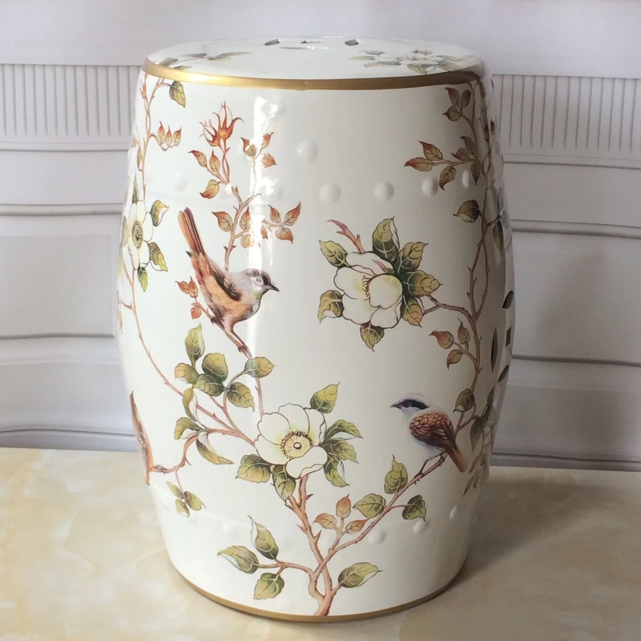 Cream White Garden Stool With Flower and Hwamei Birds