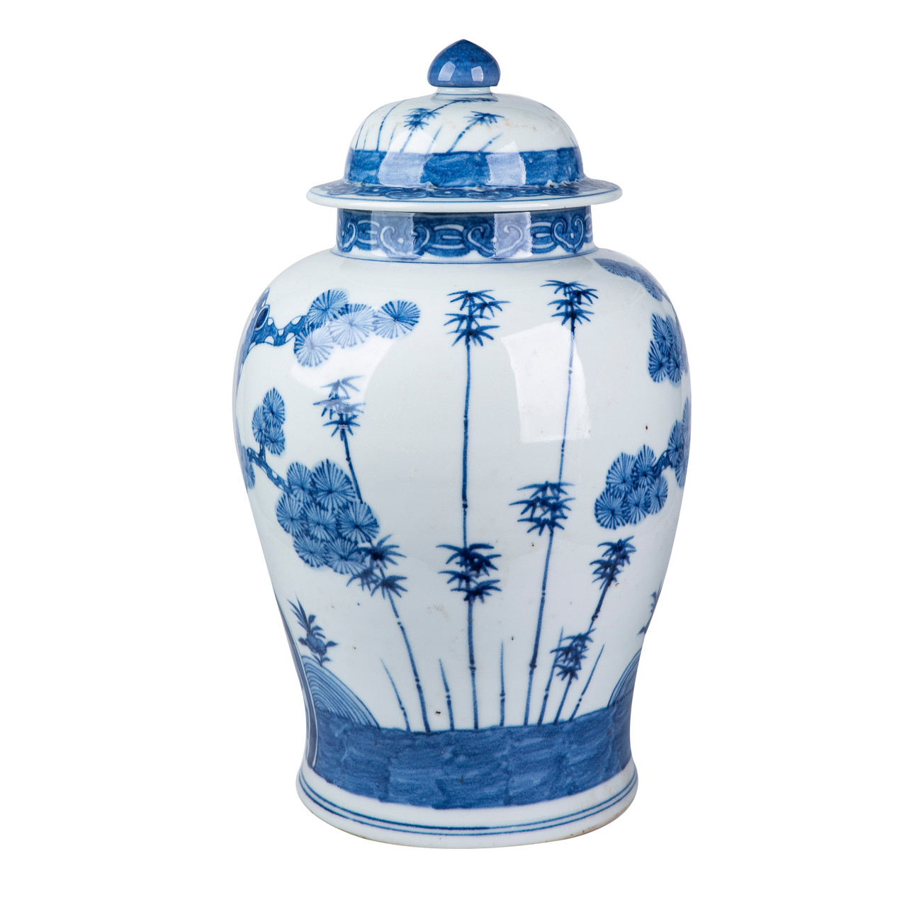 Blue And White Ming Pine Tree Temple Jar - Legend Accents