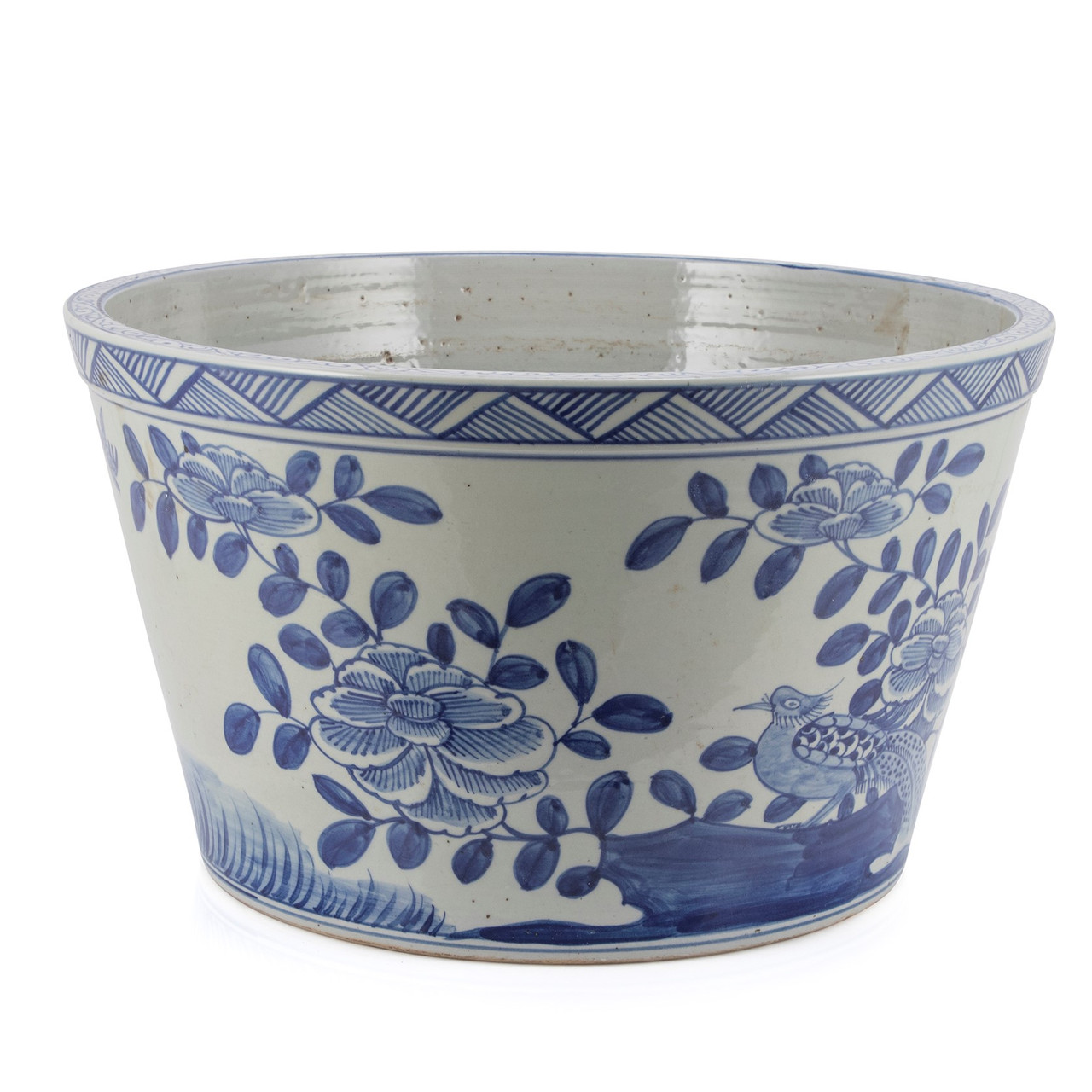 Blue And White Basin Planter Flower Bird Motif - Legend Accents