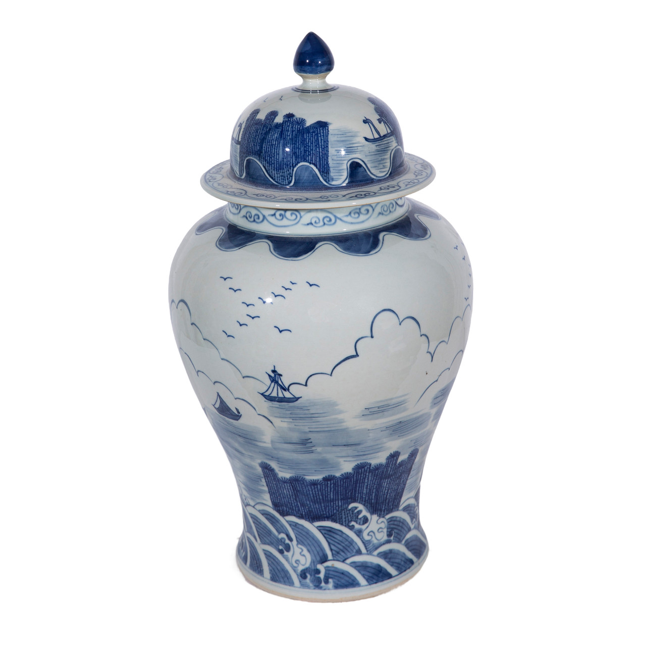 Blue And White Sail Boat Temple Jar - Legend Accents