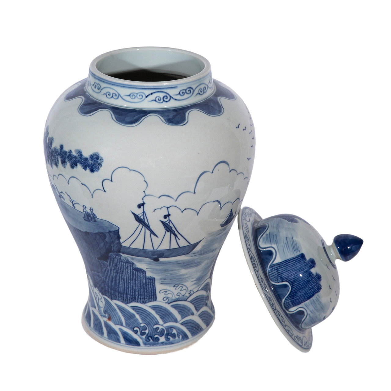 Blue And White Sail Boat Temple Jar - Legend Accents