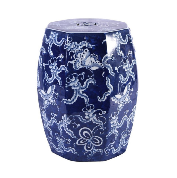 Blue And White Porcelain Octagonal Butterfly Garden Stool - Legend Accents