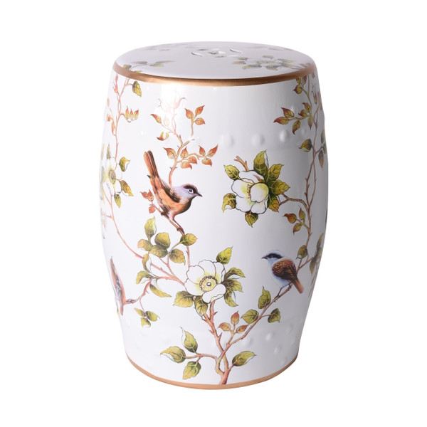 Cream White Garden Stool With Flower and Hwamei Birds