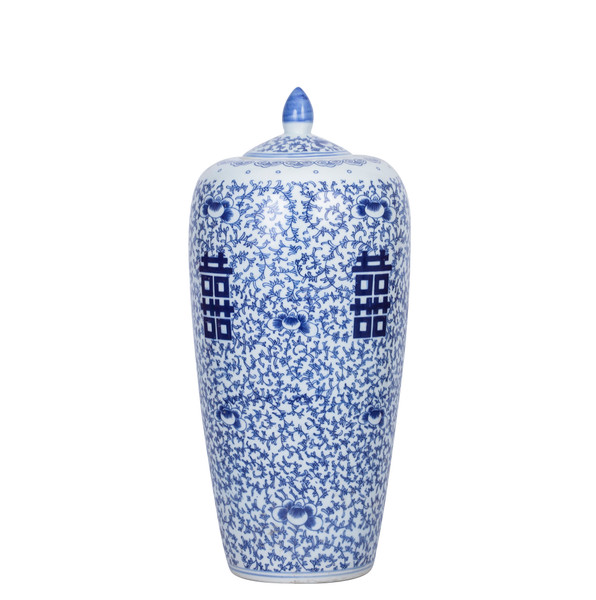 Blue & White Floral Double Happiness Tall Ginger Jar