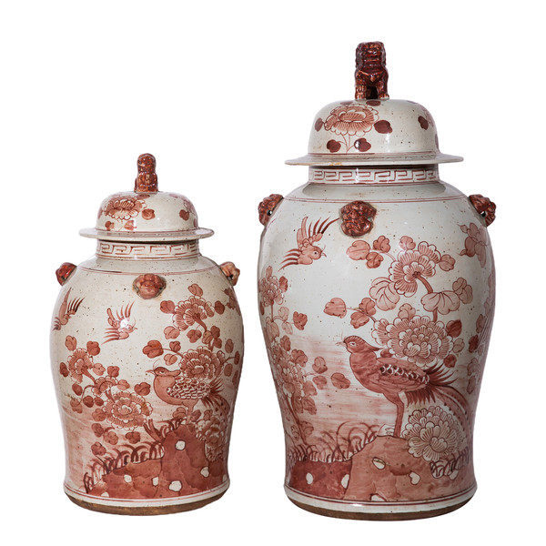 Rustic Maroon Red Flower Bird Temple Jar - 2 Sizes - Legend Accents
