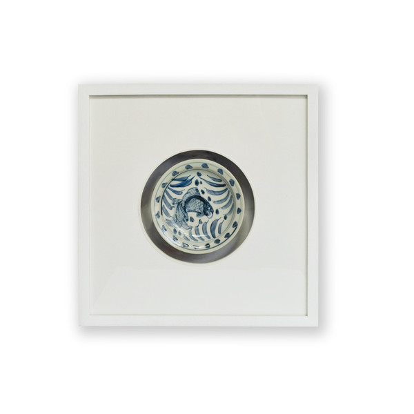 Handpainted Blue & White Porcelain Plate Shadow Box - Fish Splashing