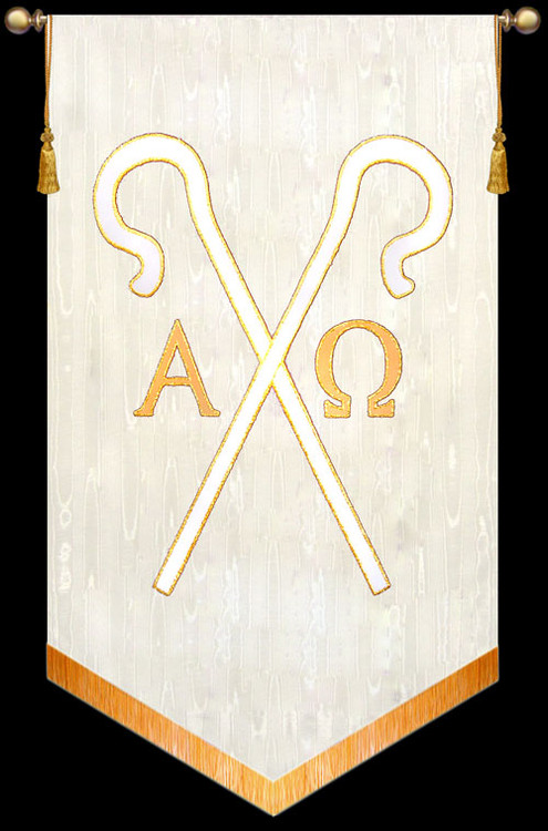Symbol - Alpha Omega with staffs - Christian Banners for Praise and Worship