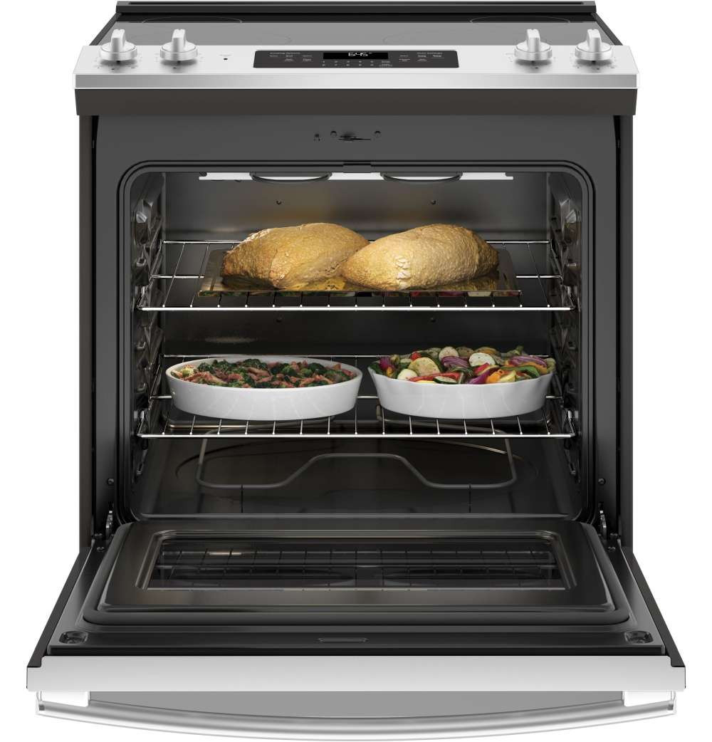 JS645SLSS GE 30" Slide-In Front Control Electric Range with Power Boil ...